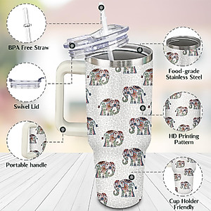 qoepfnsh 40 oz Elephant Tumbler with Handle and Straw, Boho Bohemian Floral Stainless Steel Vacuum Insulated Travel Coffee Mug Cup Water Bottle, Elephant Stuff Accessories Decor Gifts for Women Girls