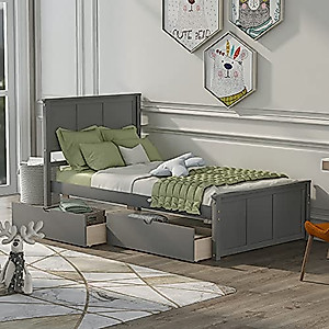 Harper & Bright Designs Twin Bed with Storage Drawers, Solid Wood Platform Bed Frame with Headboard and Footboard- Gray