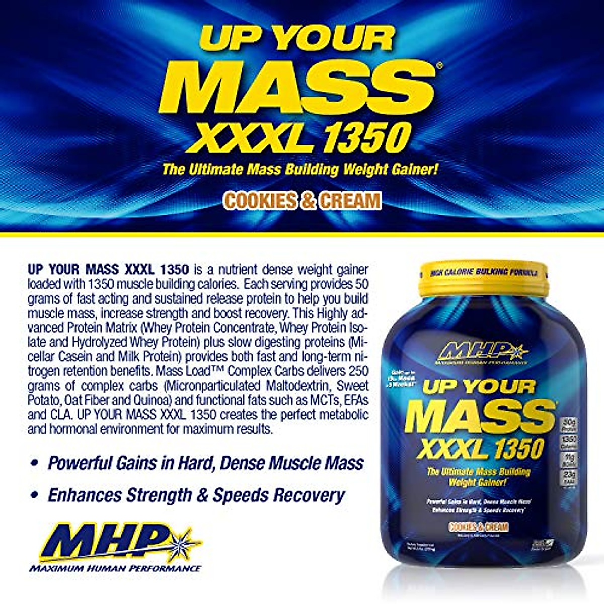 Maximum Human Performance MHP UYM XXXL 1350 Mass Building Weight Gainer, Muscle Mass Gains, w/50g Protein, High Calories, 11g BCAAs, Leucine, Cookies & Cream, 8 Servings, 6lb