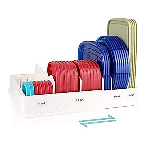 SWOMMOLY Expandable Food Storage Container Lid Organizer, Includes 6 Adjustable Dividers, 30 Preprinted and Blank Writable Labels, White