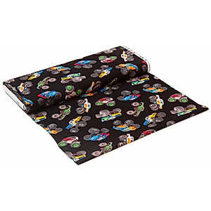 Black cotton fabric from the USA by Elizabeth's Studio, various colourful monster trucks (per 0.5 yard)