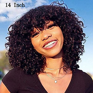 200 Density Scalp Top Curly Full Machine Made Human Hair Wigs with Bangs Remy Brazilian Short Curly Wig For Women (14 Inch)