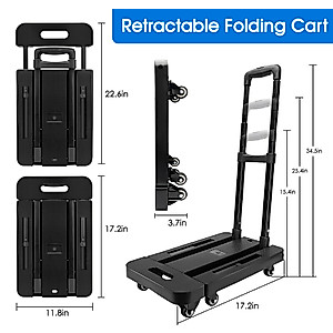 Hand Truck Dolly, Folding Hand Truck - Dolly Cart for Moving 500 LB Heavy Duty Luggage Cart with 6 Wheels & 2 Bungee Cords for Luggage, Travel, Moving, Shopping, Office (Black)