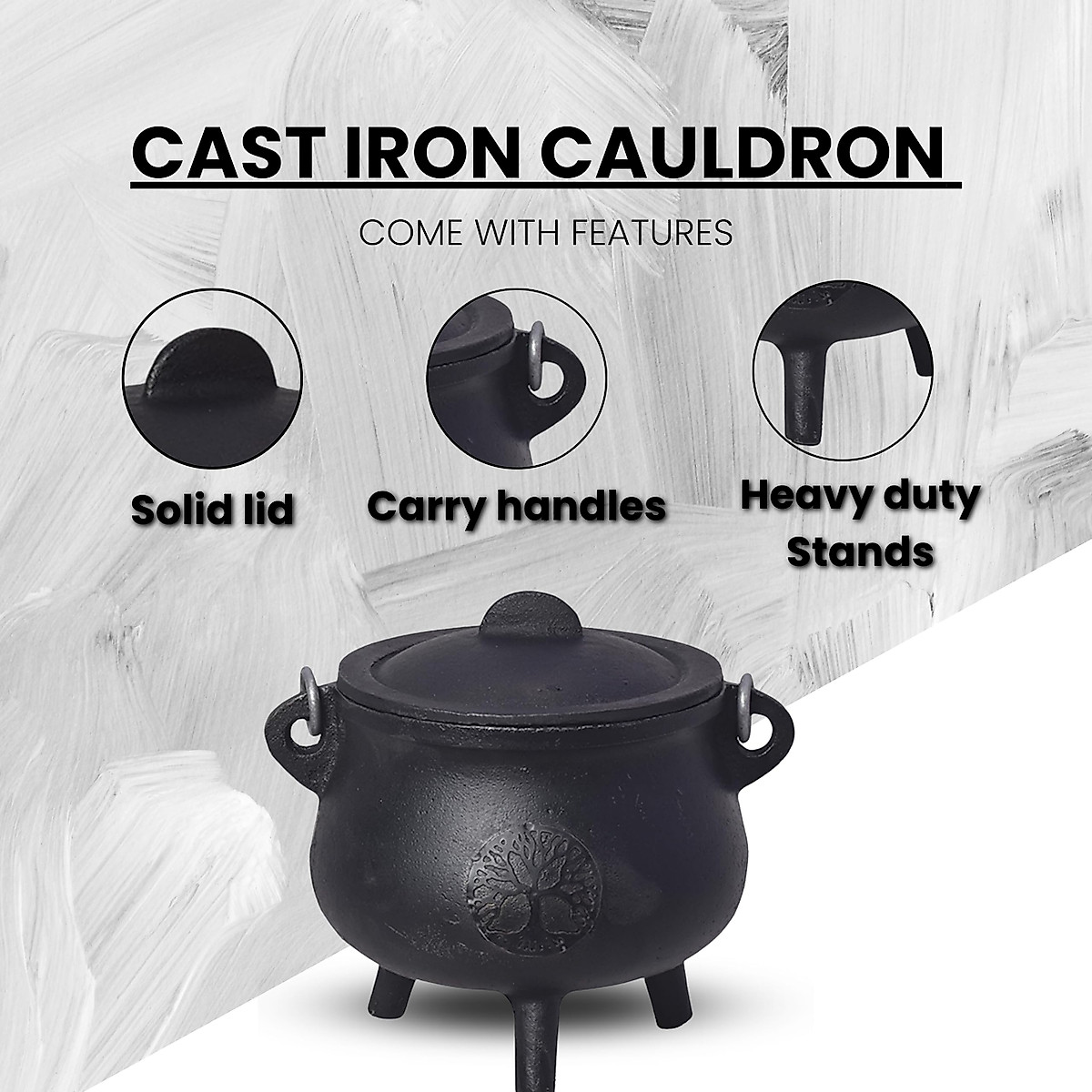 SOUL STICKS Reusable 6 Cast Iron Cauldron with Lid and Hanging Handle for Spell Casting, Smudging, Ritual & Blessings Pot Belly Witchcraft (Tree of Life)