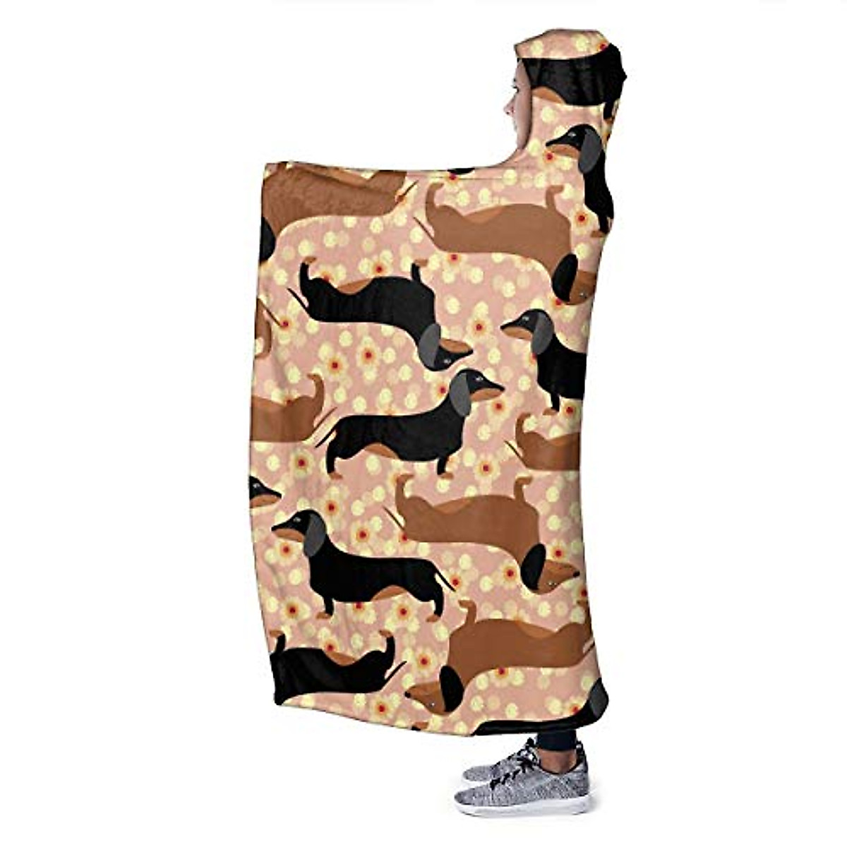 Dachshund and Flower Hoodie Blanket Wearable Throw Blankets for Couch Blanket Hooded for Baby Kids Men Women