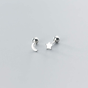 Minimalist Moon Star Cartilage Stud Earrings S925 Sterling Silver Fashion Small Tiny Earring Studs Asymmetrical Tragus Screw Back Ear Piercing for Women … (Silver)