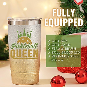 Onebttl Pickleball Gifts for Women - Insulated 20oz Stainless Steel Travel Tumbler with Straw and Lid - Queen of the Pickleball Court