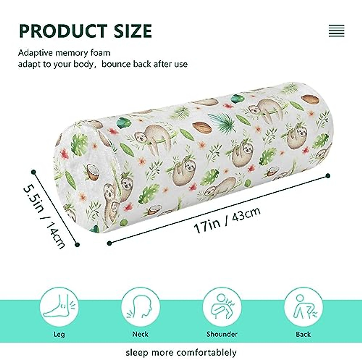 Vnurnrn Sloth Neck Support Pillow Round Neck Roll Bolster Cylinder Pillow Cervical Pillows Knee Pillow for Leg Knee Back Head Support for Bedroom Camp Work Women Men