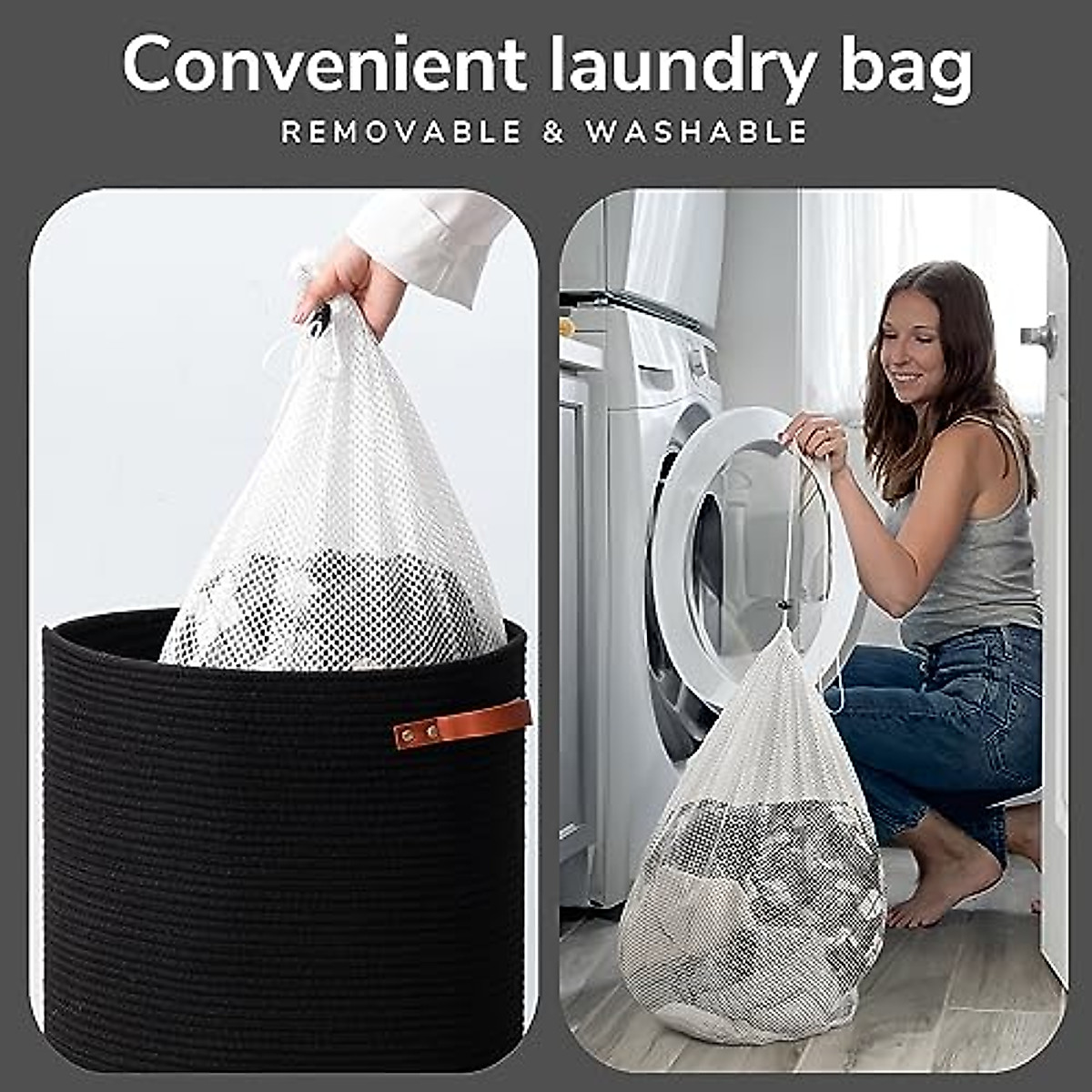 Goodpick Large Laundry Basket, 60L Tall Laundry Hamper with laundry Bag for Blankets, Clothes, Black Rope Laundry Basket for Living Room, 15 x 20 Inches