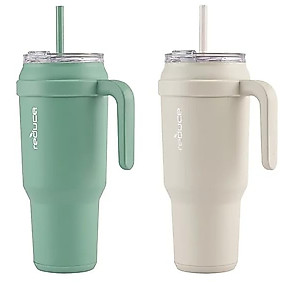REDUCE 50 oz Mug Tumbler with Handle & Straw - Stainless Steel with Sip-It-Your-Way Lid - Keeps Water Cold up to 50 Hours - SweatProof, Dishwasher Safe, BPA Free - 2 Pack, Green / Beige
