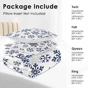 Cuzutime King Size Comforter Set with 2 Pillowcases, Blue Snowflakes Snow Winter, Bedroom Decor Dark White Abstract Nature Soft Bedding Set for Kids and Adults, Bed Decor