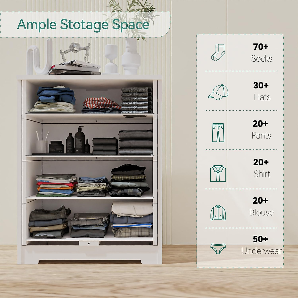 GEPELCN Dresser for Bedroom White Dresser with Power Outlets Wood 4 Drawer Dresser with Large Organizer Tall Chest of Drawers Closet Modern Dresser for Bedroom Living Room Kids Room Hallway