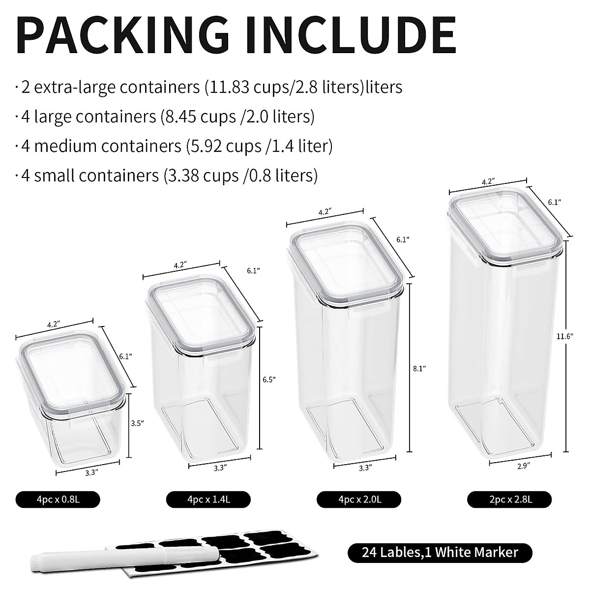 Airtight Food Storage Containers with Lids, 14 PCS Plastic Cereal Kitchen Stackable Food Storage Buckets Food Canisters for Kitchen Pantry Organization Snacks and Sugar Include 24 Labels, Black