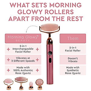 Vibrating Face Roller and Massager - 5 in 1 Rechargeable Rose Quartz Face Roller for Soft and Smooth Skin, Relaxing Beauty Skin Care Kit, Soothes Puffy Eyes