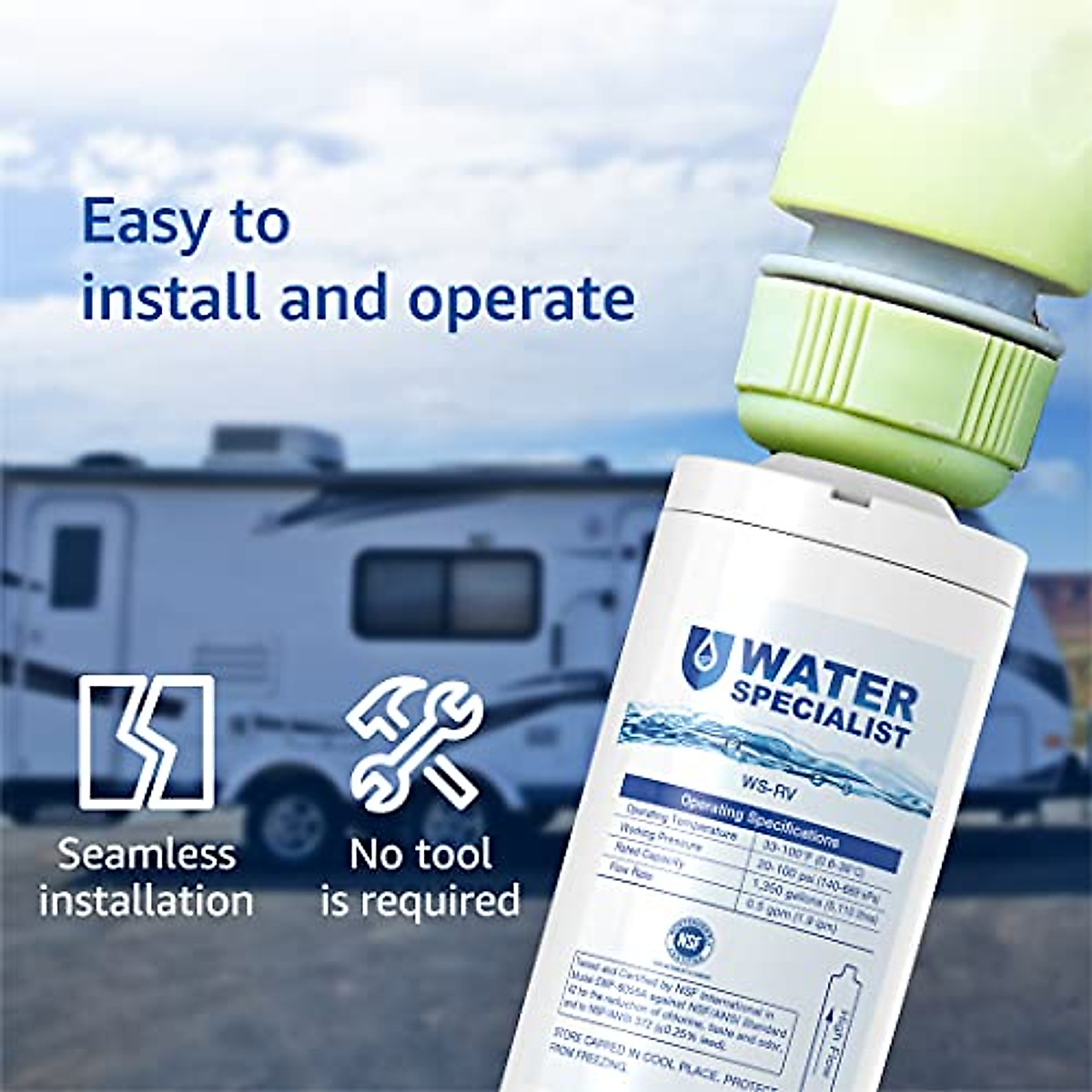 Waterspecialist RV Inline Water Filter, NSF Certified, Reduces Chlorine, Bad Taste and Odor, Rust, Corrosion, Sediments, and Turbidity, Dedicated for RVs, 1 Pack Water Filter with Hose Protector