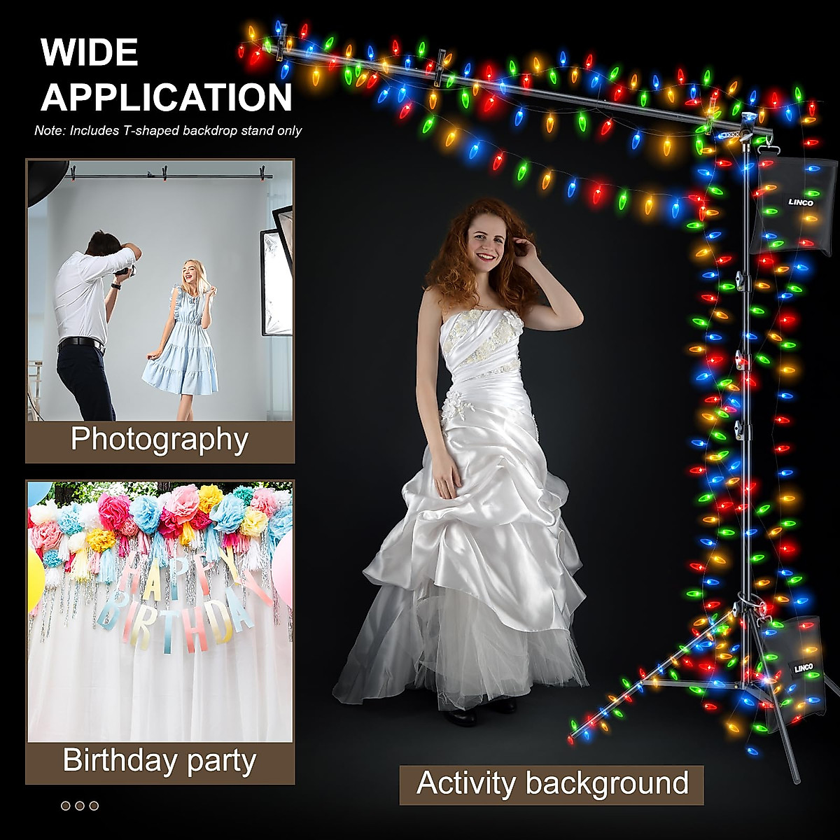 LINCO Lincostore T-Shape Portable Background Backdrop Support Stand Kit 6.7ft Wide 9.5ft Tall Adjustable Photo Backdrop Stand with 3 Clamps