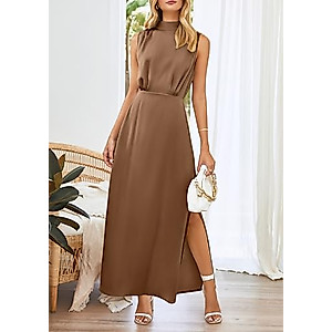 PRETTYGARDEN Women's Long Formal Satin Dress Mock Neck Sleeveless Side Slit Flowy Maxi Tank Dresses (Brown,Medium)