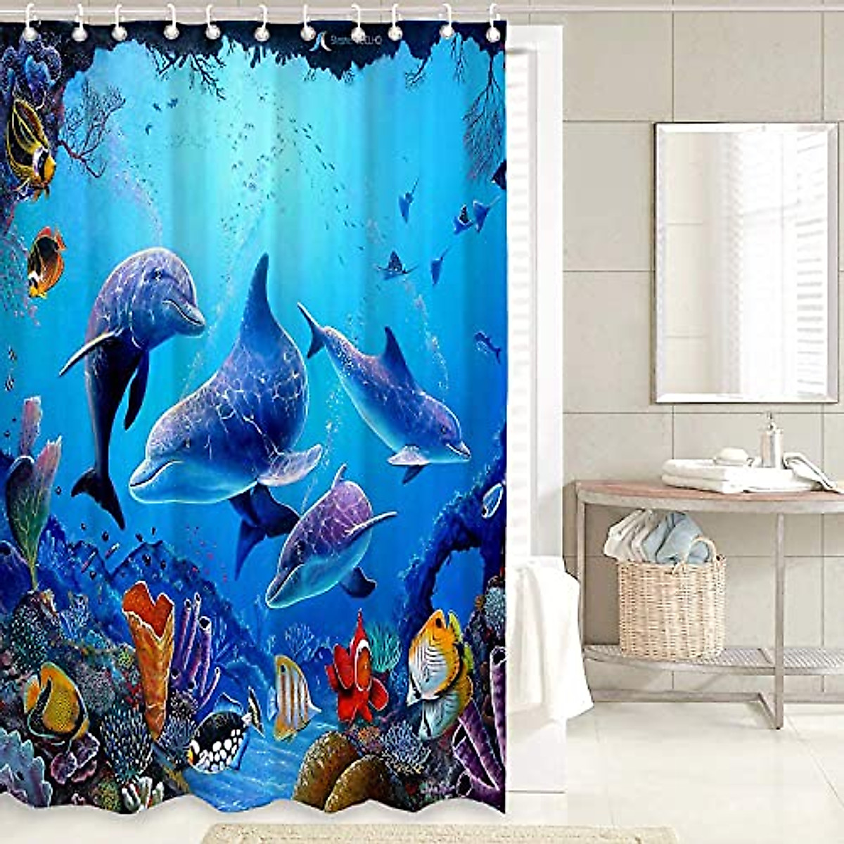 TDCQQGQQ Tropical Ocean Shower Curtain Sets, Sharks and Dolphins Waterproof Windproof Washable Shower Curtain and Rug Set for Bathroom, Toilet Lid Cover and Bath Mat with 12 Hooks.