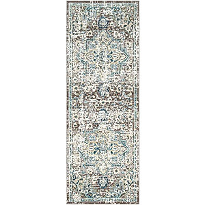 Hauteloom Cabacungan Traditional Persian Medallion Living Room Bedroom Area Rug - Machine Washable Distressed Carpet - Bohemian Oriental - Easy to Clean - Blue, Grey, Beige - 6'7" x 9'