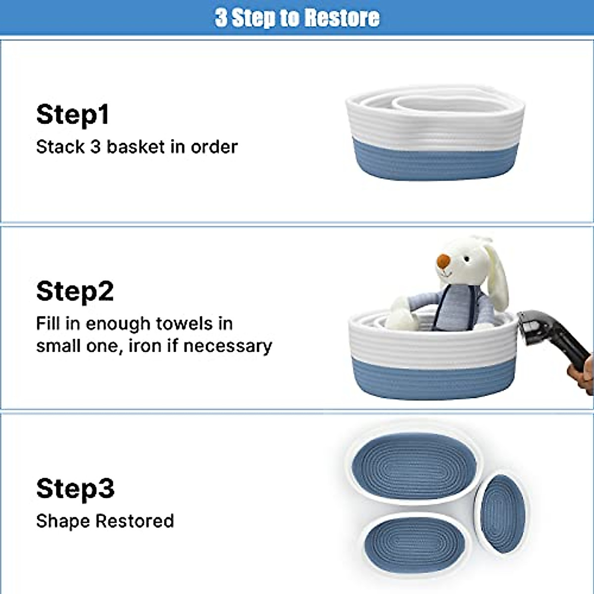 Hombins 3 Set Cotton Rope Storage Baskets with Handles | Round Baskets Set for Organization, Toy Basket, Small Soft Baby Nursery Baskets, Cat Dog Toy Basket, Gift, White&Blue