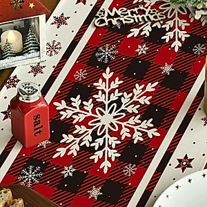 Niviy Snowflakes Christmas Table Runner with Buffalo Plaid, Winter Xmas Holiday Kitchen Dining Table Decoration for Indoor Outdoor Home Party Decor 13 x 72