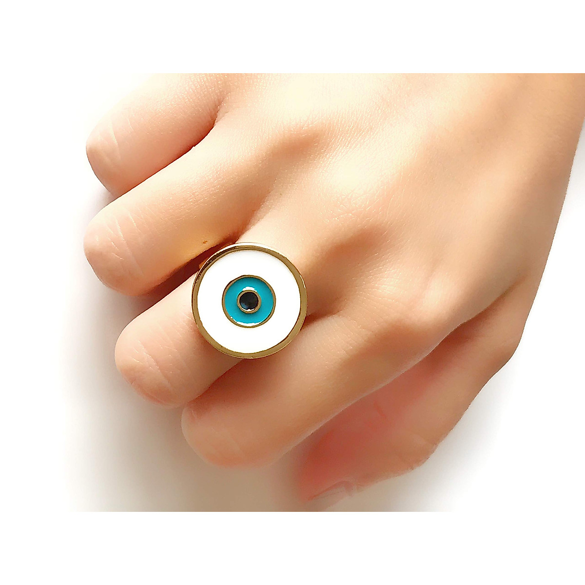 LESLIE BOULES Evil Eye Enamel Ring Adjustable Size Protection Jewelry