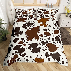 Erosebridal Brown Cowhide Comforter Cover Western Animals Duvet Cover,Black White Longhorn Highland Cow Skin Bedding Set Animal Hide Fur Hair Spot King Bed Set,Cowboy Farmhouse Room Decor