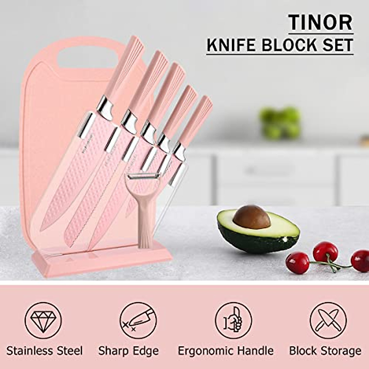 Tinor Kitchen Knife Set, 9 Pieces Pink Knife Set with Acrylic Block Cutting Board & Sharpener, High Carbon Stainless Steel Chef Knife Block Set, Nonstick Coating