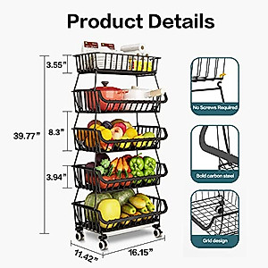 5 Tier Fruit Basket for Kitchen,Stackable and Vegetable Storage Stand Cart,Vegetable Organizer Produce Bins Rack Onions Potatoes,Metal Wire Baskets,Black