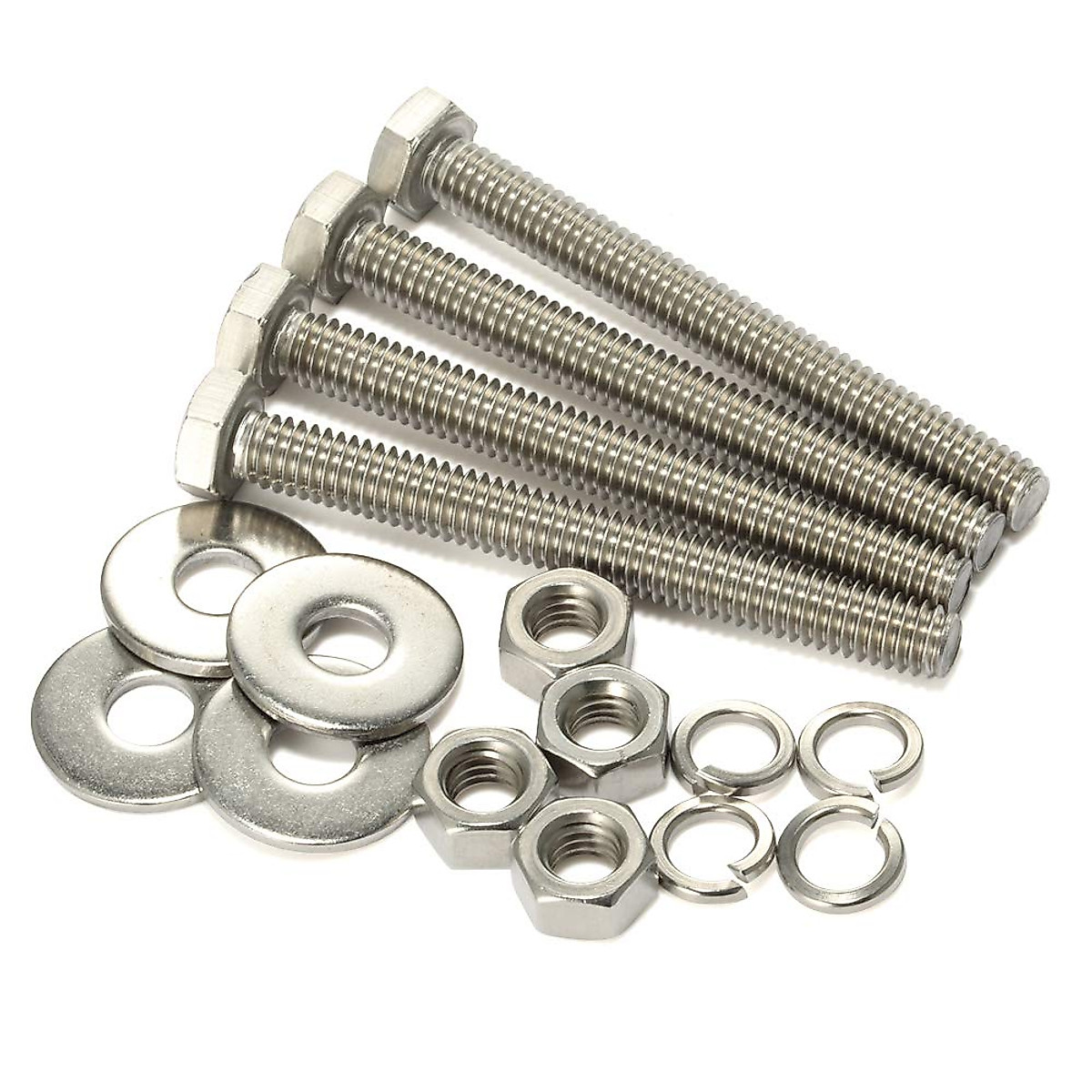 1/4-20 x 4 Hex Head Bolts with Hex Nuts and Thick Flat & Lock Washers, Fully Threaded, Stainless Steel 18-8, Plain Finish, 8 Sets