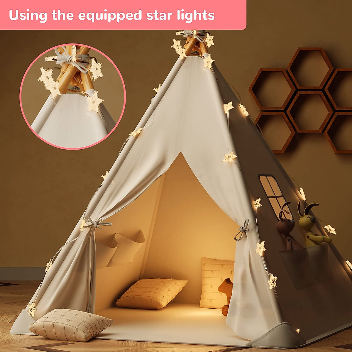 Large Kids Teepee Tent for 2 3 4 5 6 Year Old Girls, Kids Foldable Play Tent with Padded Mat & Light String, Ideal Gifts Toys Tent, White Canvas Teepee Indoor Outdoor Games, Kids Playhouse for Boys