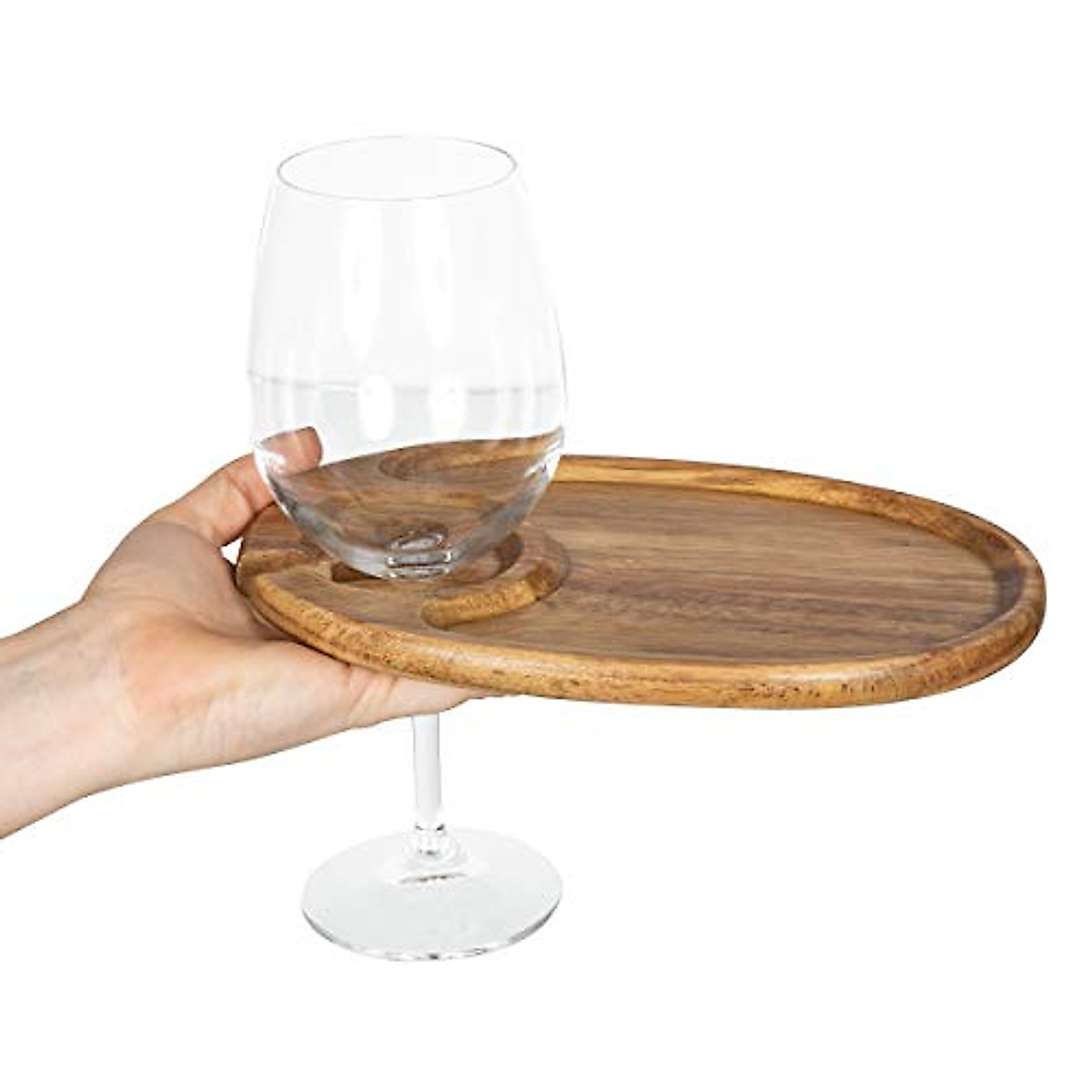 PICNIC TIME TOSCANA -Wine Appetizer Plates, Cocktail Plate with Glass Holder, Cheese Board with Wine Holder, (Acacia Wood), 9 x 6, Set of 4