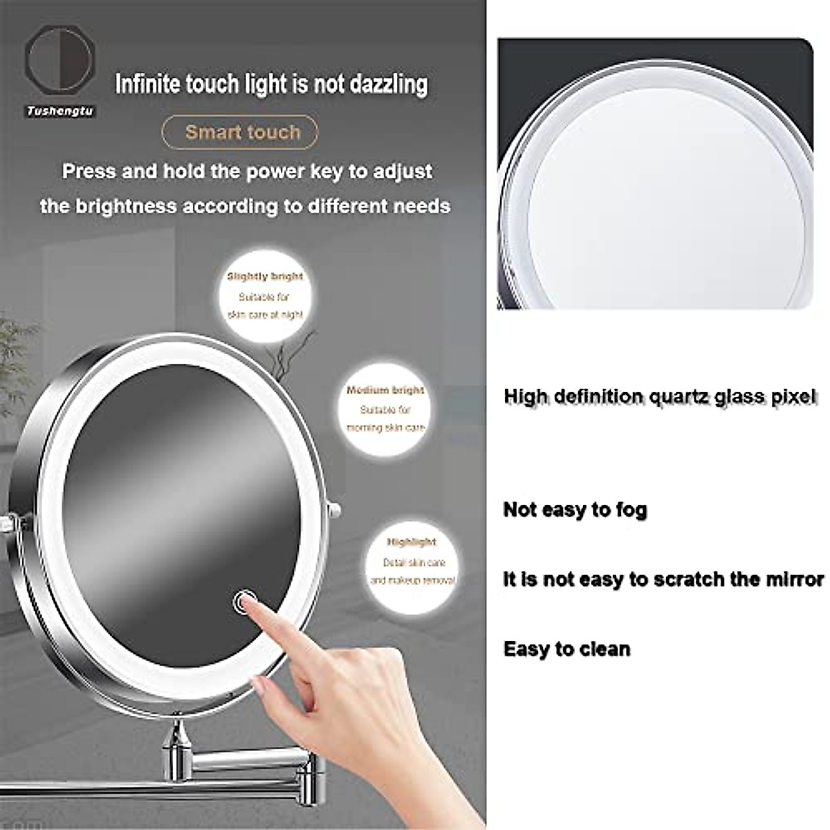 Tushengtu 8”Wall Mounted Makeup Mirror with Intelligent Light Control-10X Magnification, Rotatable Mirror, Adjustable Brightness and Color Temperature