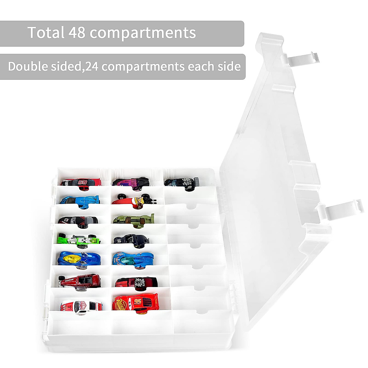 ALCYON Double Sided Toy Storage Organizer Case for Hot Wheels Car, for Matchbox Cars, for Mini Toys, for Small Dolls. Carrying Box Container Carrier with 48 Compartments - Upgrade (Box Only)