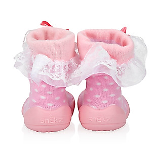 Nuby Snekz Comfortable Rubber Sole Sock Shoes for First Steps- Pink Polka Dots/Large 22-30 Months