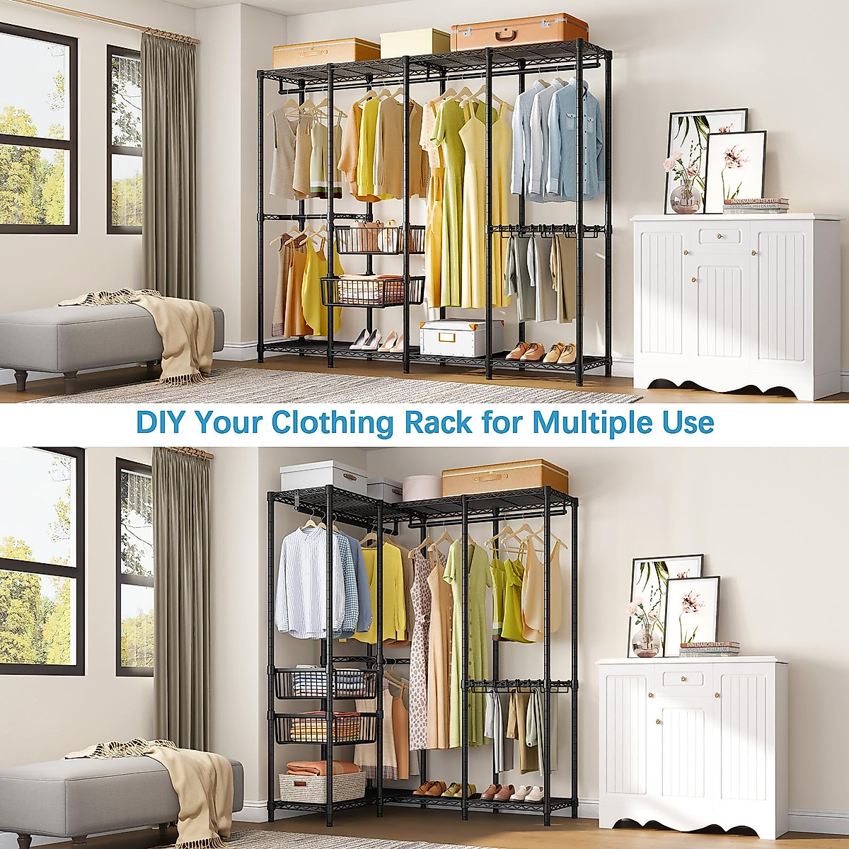 VIPEK V40 Pro Portable Closet Wardrobe Heavy Duty Clothing Rack with 2 Sliding Storage Baskets & 10 Pants Hangers, Freestanding Clothes Rack Large Closet Rack for Bedroom, Max Load 1000lbs, Black