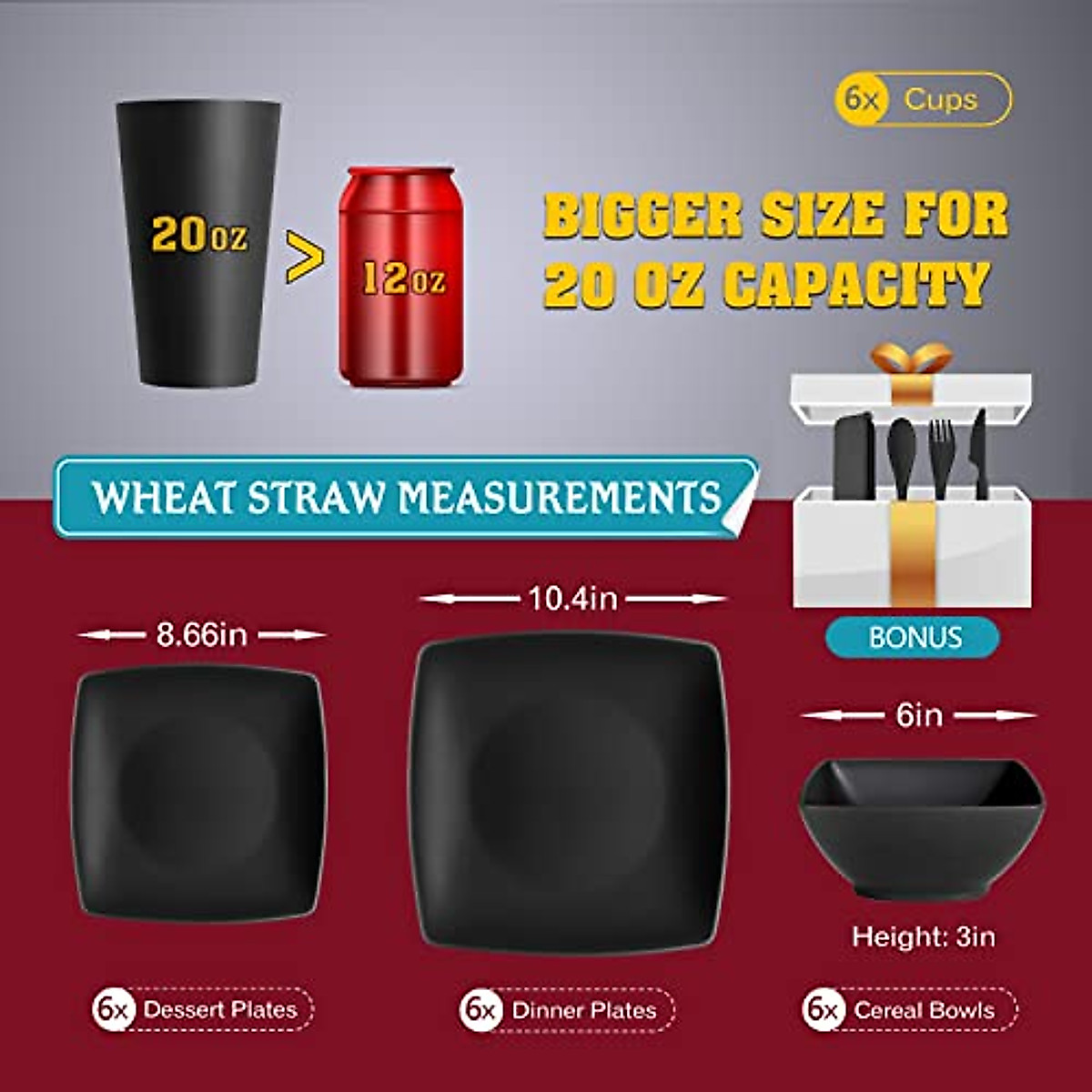 Teivio 24-Piece with flatware Kitchen Plastic Wheat Straw Square Dinnerware Set, Service for 6, Dinner Plates, Dessert Plate, Cereal Bowls, Cups, Unbreakable Plastic Outdoor Camping Dishes, Black