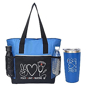 Nurse week Gifts, Peace, Love, Nursing, 2-Piece Gift for Nurses: Nurse Tote Bag and Stainless-Steel Tumbler, Great Thank You Gift for Nurses, RN Gift & Perfect Graduation Gift, Nurse Bag for Work