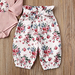 Newborn Infant Baby Girls Easter Outfits Bunny Long Sleeve Knitted Romper Bodysuit Floral Pants with Headband 3Pcs Clothes Set (Shrimp Pink, 0-6 Months)