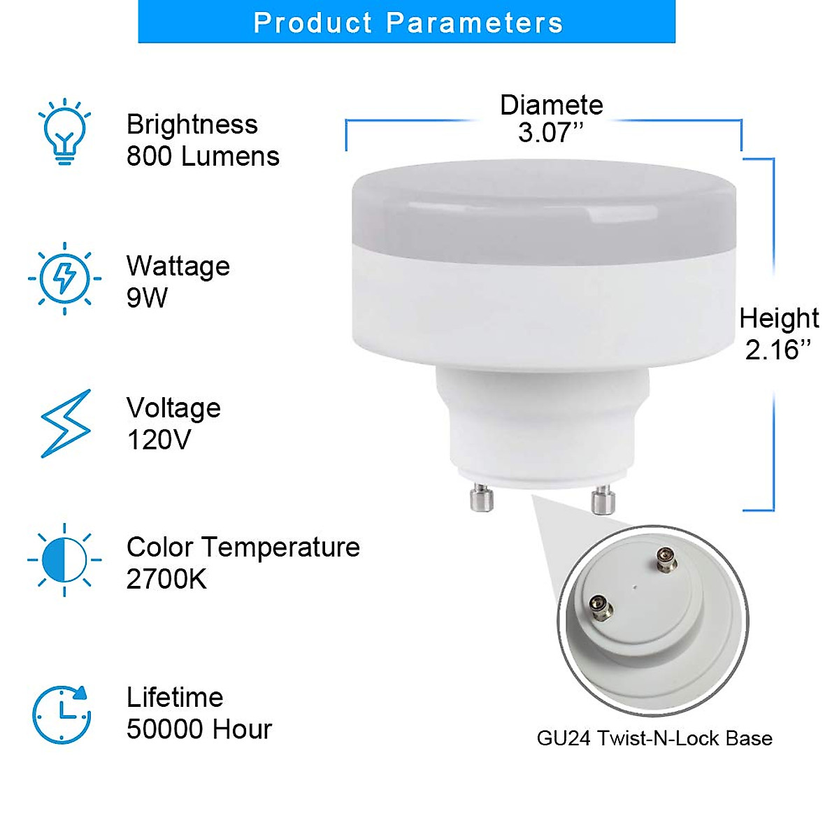CRIOO GU24 LED Puck Light Bulb, 9W(60w CFL Equivalent), 2700K, 800LM, UL Listed, 2 Prong Light Bulbs for Home Kitchen Closet, Mini Twist Lock Spiral Low Profile Squat Bulb (2 Pack)