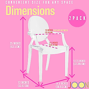 JOON 2 Pack Kids Ghost Chairs with Armrest Transparent, 25x13x14.5 Inches, Polycarbonate Material, 12.75” Seat Height, Stackable, for Toddler Parties, Playroom, Daycare, Home (Transparent Clear)