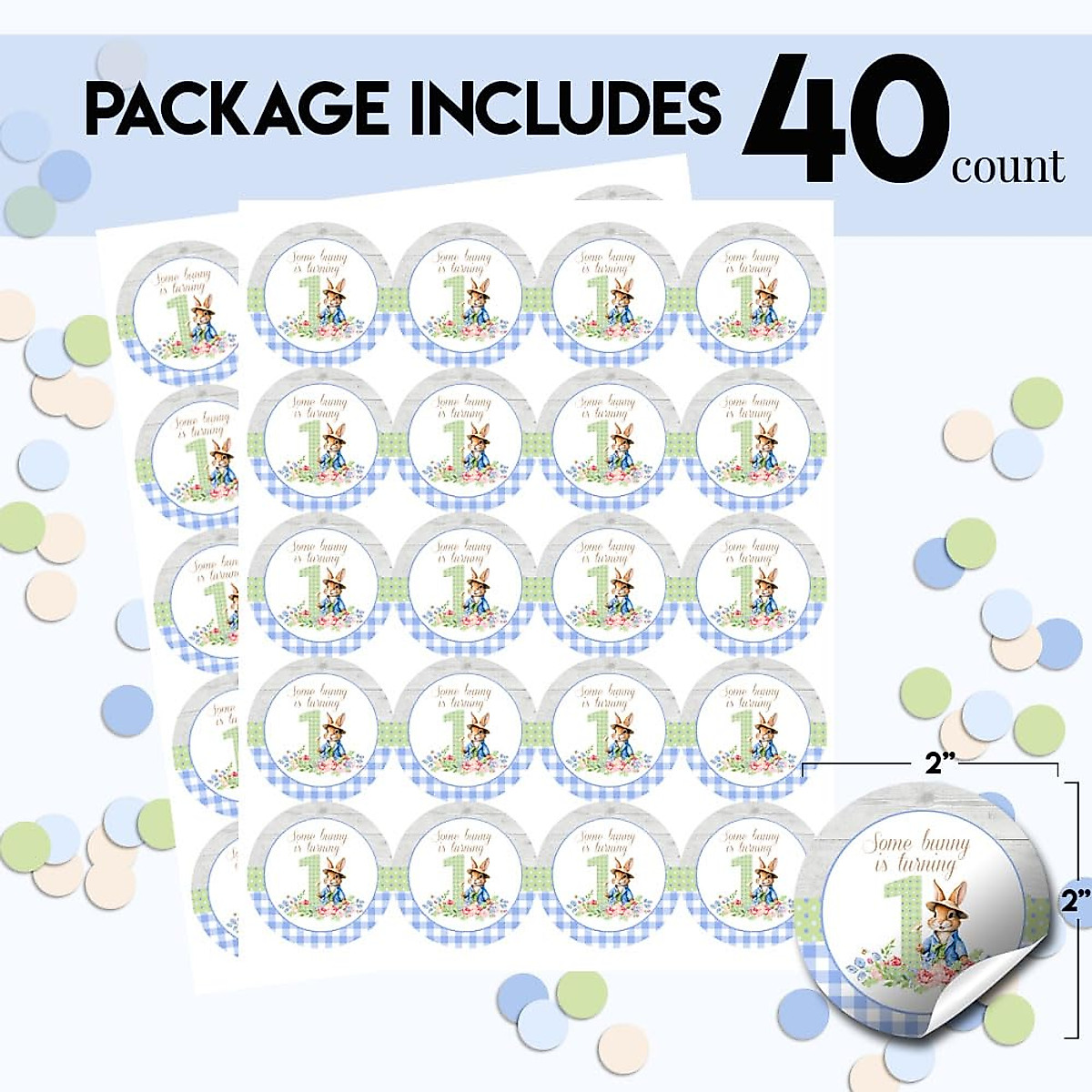 Little Rabbit First Birthday Thank You Sticker Labels for Boy, 40 2" Party Circle Stickers by AmandaCreation, Great for Party Favors, Envelope Seals & Goodie Bags