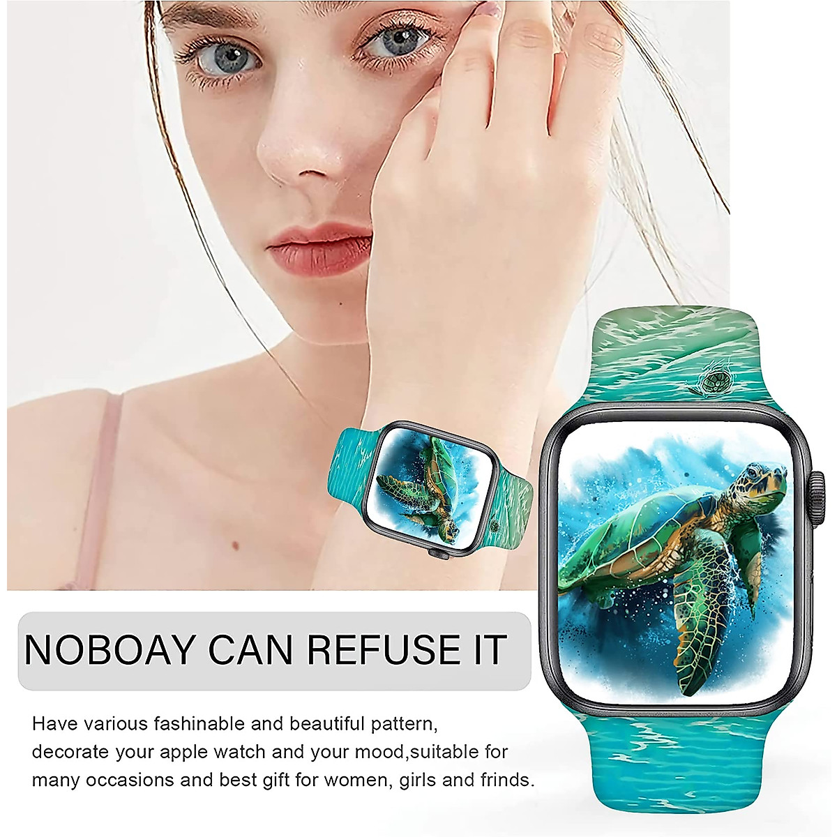 Sea Turtle Sport Watch Bands Compatible with Apple Watch Band 42mm 44mm 45mm,Decoration Silicone Strap Wristbands Compatible with iWatch Bands Series SE 7 6 5 4 3 2 1 for Girls Women Boys Men Couple Boyfriend Girlfriend Lover Gifts