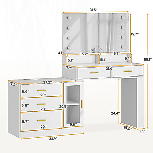 AOGLLATI Makeup Vanity Desk with Mirror and Lights & Charging Station, White Vanity Table with 3 Drawers LED Dresser, Makeup Desk with 3 Lighting Modes, 5 Drawers and Cabinet Storage