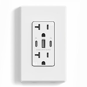 ELEGRP USB Outlets, 30W 6.0 Amp USB C Outlets Receptacles, 3-Port USB Wall Outlet, 20 Amp Tamper-Resistant Outlet with 2 USB C Ports, UL Listed, Screwless Wall Plate Included, 1 Pack, Matte White