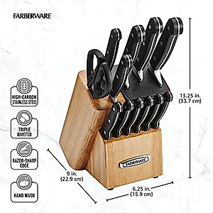 Farberware Self-Sharpening 13-Piece Knife Block Set with EdgeKeeper Technology, High Carbon Stainless Steel Kitchen Knife Set with Ergonomic Handles, Razor-Sharp Knife Set, Natural