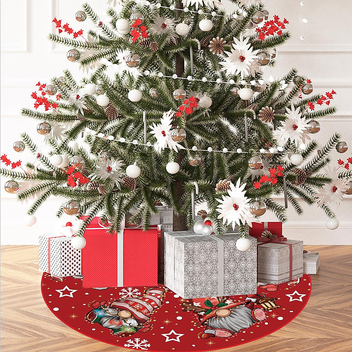 Christmas Tree Skirt Red Tree Skirt Glitter Gnomes Snowflake Xmas Winter Tree Skirt 24 Inch for Red Christmas Indoor Outdoor Decorations