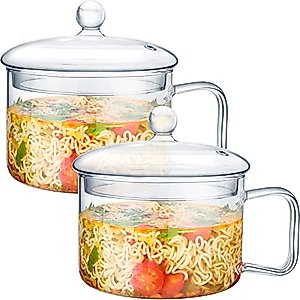 2 Pcs Glass Ramen Bowl with Lid and Handle, Microwave Safe, Transparent Cooking Cereal Breakfast Mixing Pot for Noodles Soup Cereals Fruits (44 oz)