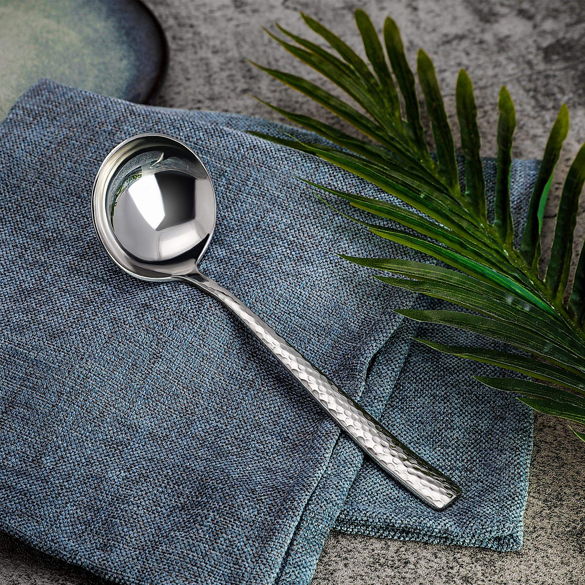 KEAWELL Unique 7.5 inch Small Hammered Sauce ladle, 1 oz. 18/10 Stainless Steel Gravy Soup Ladle. Solid and Sturdy, Dishwasher Safe (2)