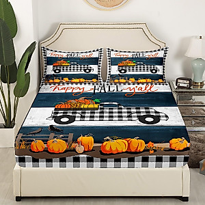 Fall Queen Size Fitted Sheet Pumpkin Bed Sheet Set for Kids Boys Girls Women Men Thanksgiving Decorations Black White Plaid Bedding Set Autumn Harvest Car Bedding Sheets Grey Blue Bedroom Decor 3Pcs